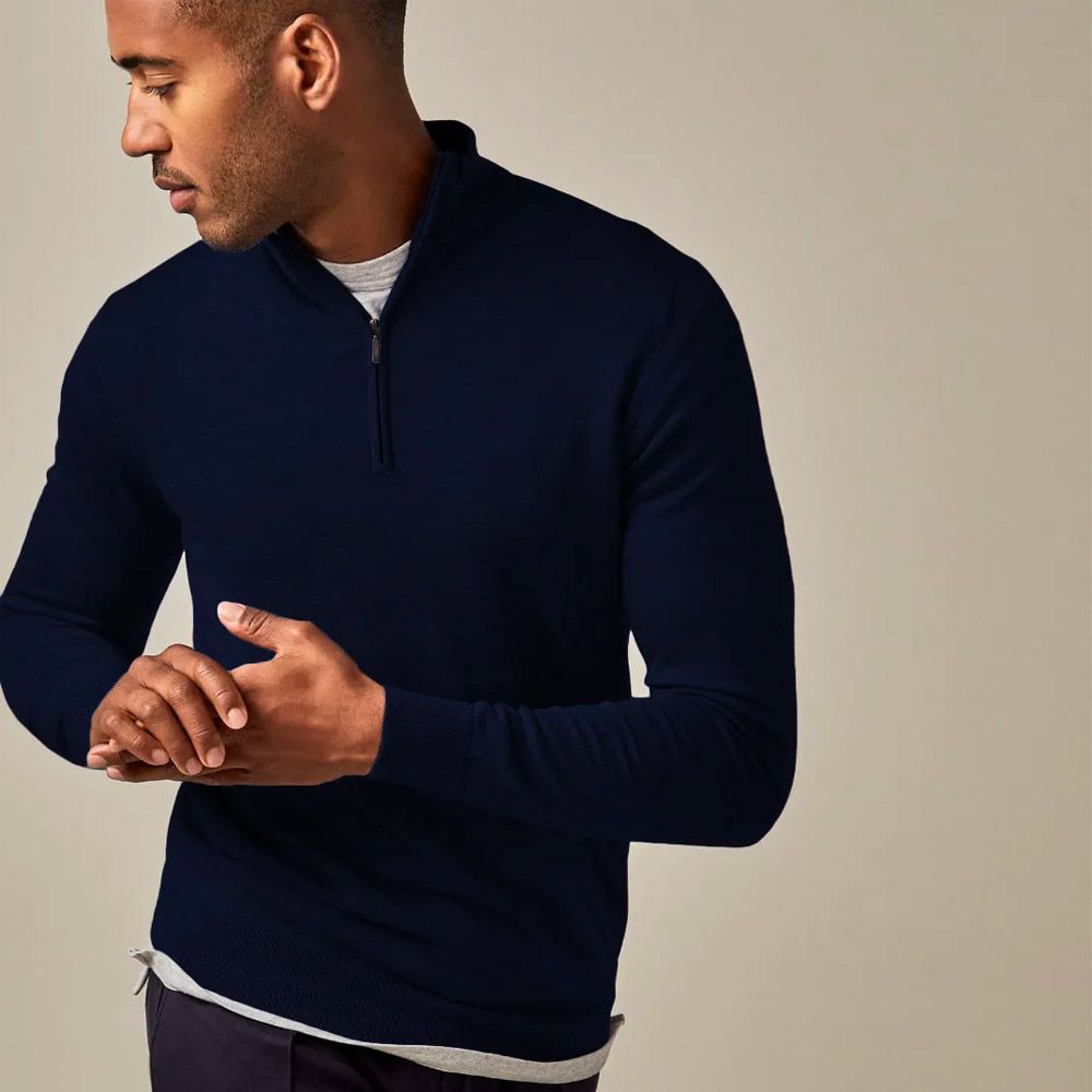 Profuomo Merino Woolen Pullover Half Zip - Navy